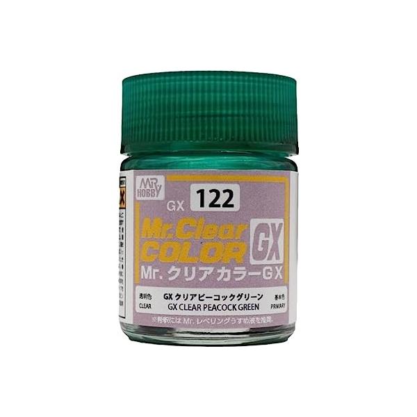 GSIクレオス Mr.クリアカラー GXクリアピーコックグリーン 18ml 模型用塗料  GX122溶剤系アクリル樹脂塗料容量：18mlこれまでの染料を主成分としたクリア系塗料と違い、高精製技術により超微粒化した高級特殊顔料を使用しているの...