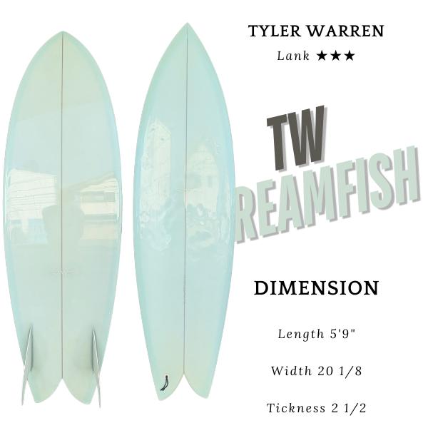 5'9"*20 1/8*2 1/2Total Rank ☆☆☆Tyler WarrenデザインのFISH!細身にシェープされ、小波用＝FISHという概念を覆すデザイン。掘れた波や大きな硬いフェイスにもしっかる張り付いてくれ、許容範囲の広いF...