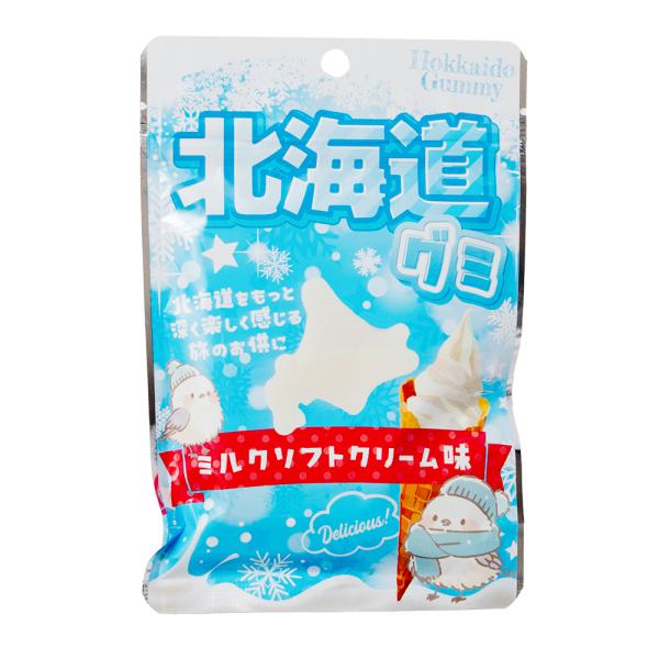 爆買◆商品説明北海道の形をしたミルクソフトクリーム味のグミです。パッケージのシマエナガも帽子とマフラーでしっかり防寒しててカワイイ！！◆内容量北海道グミ 40g(4g×10粒)×１個◆原材料名水飴(国内製造)、砂糖、ゼラチン、イソマルトオリ...