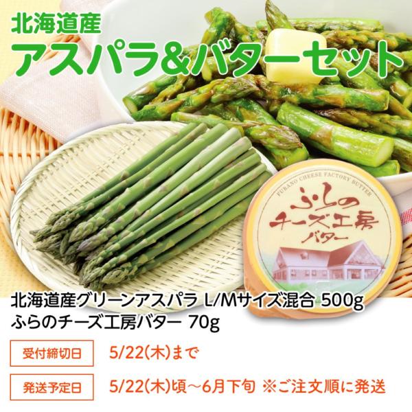【予約販売】北海道 アスパラ&amp;バターセット グリーンアスパラ L/Mサイズ混合 500g ふらのチーズ工房バター 70g 北海道 アスパラ ギフト アスパラガス 【送料無料】特徴 北海道の大地で育った旬のアスパラ(L/Mサイズ混合)...
