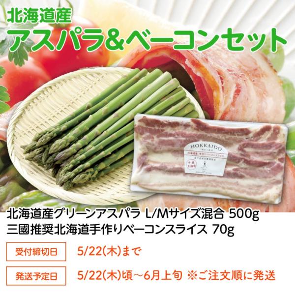 【予約販売】北海道 アスパラ&amp;ベーコンセット グリーンアスパラ L/Mサイズ混合 500g 三國推奨北海道ベーコンスライス 70g 北海道 アスパラ ギフト アスパラガス 【送料無料】特徴 北海道の大地で育った旬のアスパラ(L/Mサ...