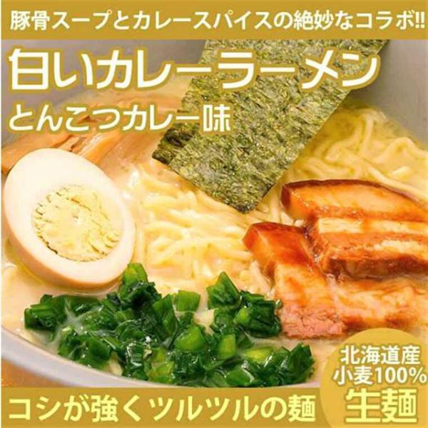 白いカレーラーメン豚骨味 【稚内ブランド】げん骨、豚骨をじっくり炊きだしたピュアで本格的な豚骨スープに、12種類のスパイスをブレンドしたカレー風味がコラボした、北海道の冬をイメージした真っ白なスープと、北海道産小麦100%の麺はツルツルでス...