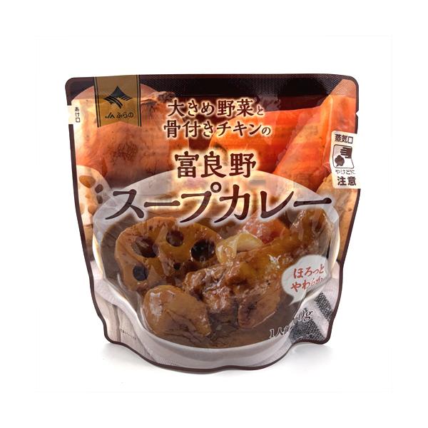 大きめにカットした野菜（じゃがいも・にんじん・レンコン）と、ほろっとやわらかい国産骨付きチキン入り。袋のまま電子レンジで温めることが出来るレトルトスープカレーです。■原材料名：野菜（じゃがいも、にんじん、玉ねぎ、れんこん）、鶏肉（国産）、ソ...