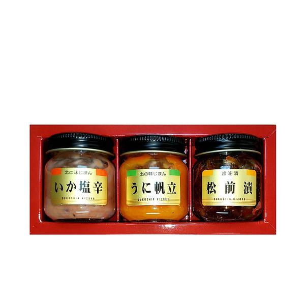 北国の海の幸を贅沢に使った生珍味！！詰め合わせセット箱入りとなっておりますのでお中元、お歳暮にもぜひ。■内容量【いか塩辛】×１【うに帆立】×１ 【松前漬】×１ ■総内容量：120g (40g×3本)■賞味期限：製造より30日■保存方法：要冷...
