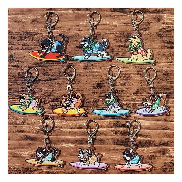バッグや鍵にワンポイント！TAMOアートが描く、波乗りワンコのアクリルキーホルダー【犬種/名前】a:ゴールデン・レトリバー／Finb:ハスキー／Barrelc:ブルドッグ／Reefd:チワワ／Ripe:雑種／Goofyf:柴犬／Choppi...