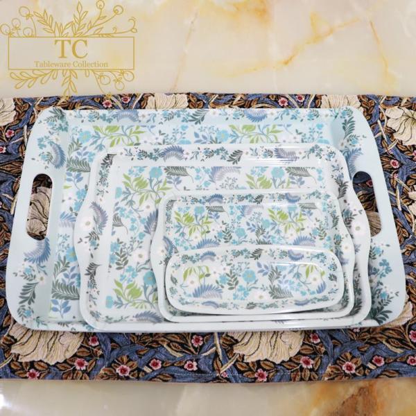キッチントレーセット【寸　法】＜お盆＞　W41/D28/H3＜トレーM＞　W31.5/D21.5/H1.5＜トレーS＞　W21/D14.5/H1＜ミニトレー＞　W18/D7.5/H1【材　質】　メラミン樹脂【カラー】　ブルー※ご使用モニター...