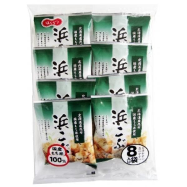 国産もち米100％使用もち生地に北海道産昆布を練り込みカリカリっとした食感に焼き上げたおかきです。食べきりサイズに小分けにした小袋8袋入りです。賞味期限：製造より120日原材料名：もち米(国産)、もち粉(国産)、植物油脂、昆布、食塩、昆布エ...