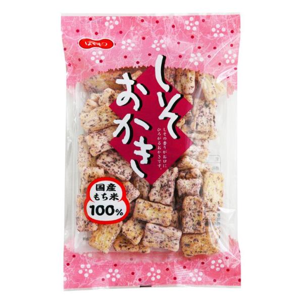 国産もち米100％使用しそ粉と砂糖をからめた、しその香り広がる一口サイズの甘口おかきです。賞味期限：製造より150日原材料名：もち米(国産)、もち粉(国産)、砂糖、しそ粉、食塩栄養成分：1袋(70g)あたりエネルギー：272kcalたんぱく...