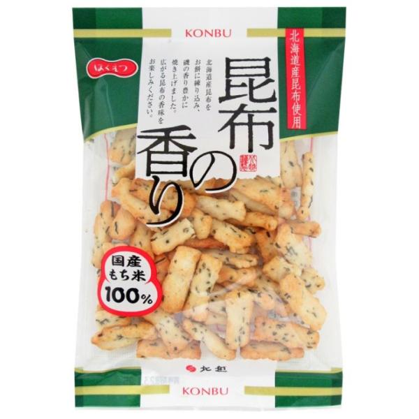 国産もち米100％使用北海道産昆布をもち生地に練り込み昆布の旨みを引き出しカリッとした食感に焼き上げた塩味のおかきです。賞味期限：製造より120日原材料名：もち米(国産)、もち粉(国産)、植物油脂、昆布、食塩、昆布エキス／調味料(アミノ酸等...