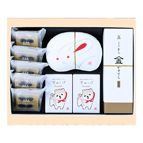 本体価格：6,100円内容量：能登大納言甘納豆×1、金かすてら・プレーン(小)×1本、わらび餅のバウム・黒豆×5、型ぬきバウム・まめしば×2箱サイズ：縦19.8cm×横27.7cm×高さ7.5cm賞味期限：常温約10日保存方法：直射日光、高...
