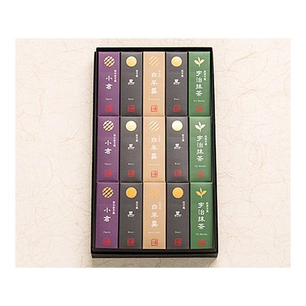 本体価格：3,900円内容量：黒羊羹45g×6、黒小倉羊羹45g×3、白羊羹45g×3、抹茶45g×3箱サイズ：縦27.0cm×横15.5cm×高さ3.8cm賞味期限：常温150日保存方法：直射日光・高温多湿を避けて保存。