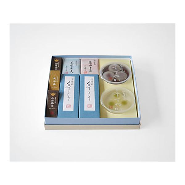 内容量：宝達葛くずきり×2、宝達葛季すずやか:能登大納言・青梅×各1、宝達葛葛水羊羹:家伝の黒・加賀棒茶×各1、小型羊羹「粋」:加賀棒茶×2・麦羊羹×1賞味期限：常温約30日保存方法：直射日光・高温多湿を避けて保存アレルギー：宝達葛 くずき...