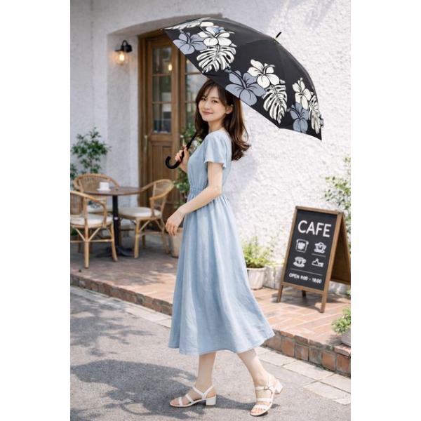 上品なハワイアンデザインのワンタッチ ジャンプ式の傘です♪憂鬱な雨の日も気分が上がりそうなおしゃれなハワイアン柄☆UVカット晴雨兼用になっています。サイズ：約55cm紫外線遮断率99.9％以上、遮光率99.99％以上仕様：ワンタッチ式