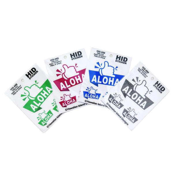 HID STICKERALOHAハワイアン アイランドデザインのステッカーです♪スーツケースや車やサーフボード等に♪サイズ：約 縦6cm×横9cm/1枚 ：約 縦2.5cm 横4cm/2枚