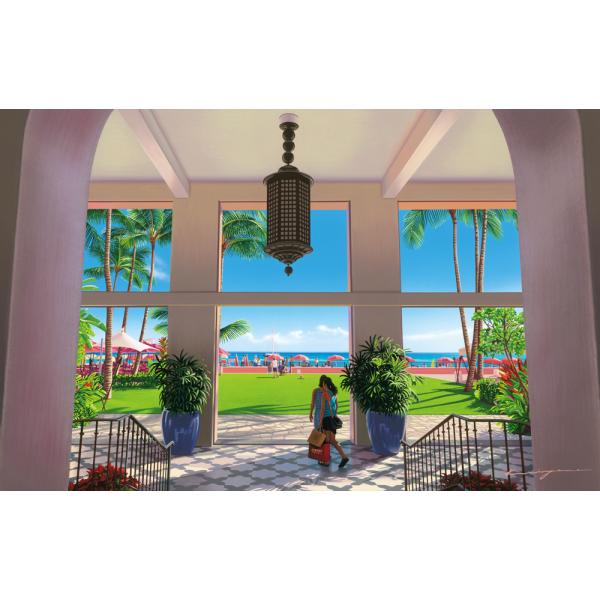 ハワイのイラストでお馴染みの栗山義勝氏のシリーズです♪ロイヤルハワイアンから見たプライベートビーチ。どこに掛けるか迷ってしまいそうなくらい、とっても素敵なハワイアンパネル絵です☆15mmの厚みのある木製枠で、しっかりとしたキャンバスにプリン...