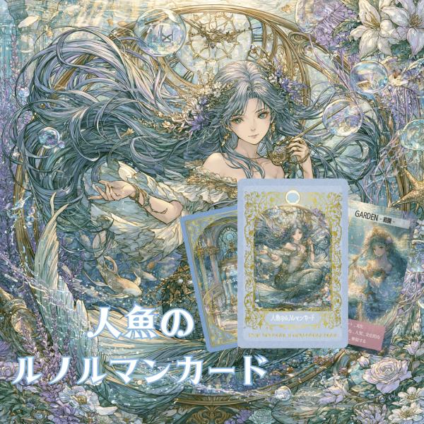 Holy Charmオリジナルのルノルマンカード第２弾♪美しい人魚のイラストをモチーフにしたオリジナルデザインのデッキです。+++++ カード詳細 +++++商品名：人魚のルノルマンカード枚数： 36枚セット + 差し替えカード7枚 + 1...