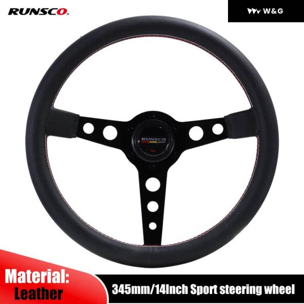 14インチ ステアリングホイール 345MM フラット本革 ブラック ドリフトレーシングステアリングホイール ホーンボタンPCD=70MM カスタム パーツ アクセサリーCar Maker:Acura,Aston Martin,Audi,B...