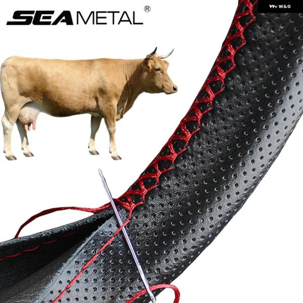 シーメタル製 本革 ステアリングホイール カバー ニードルと糸付きDIY編み込みカー ステアリングホイール カバー 直径37-38CM カスタム パーツ アクセサリーHigh-concerned chemical:NoneSize:38cm...