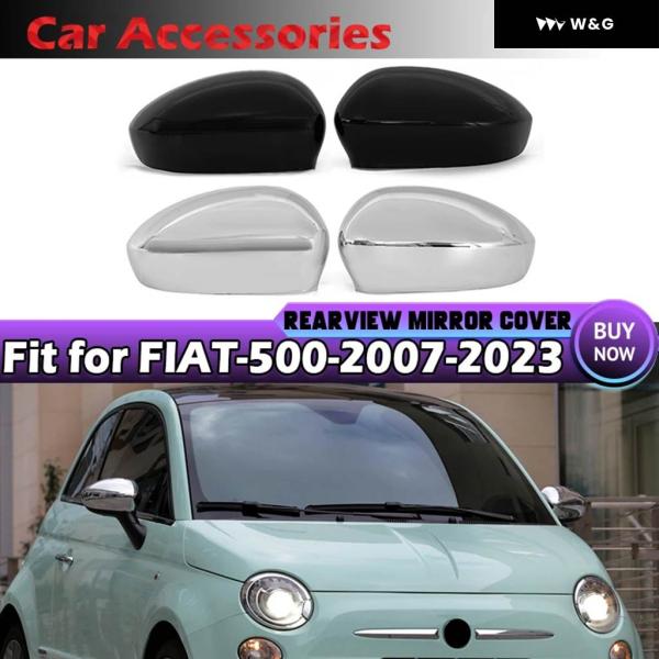 フィアット 500 2007-2023 1ペア バックミラー カバー ハウジング クロームグロスブラック サイドドアウィングミラー キャップ 735452185 735452186 カスタム パーツ アクセサリーHign-concerned...