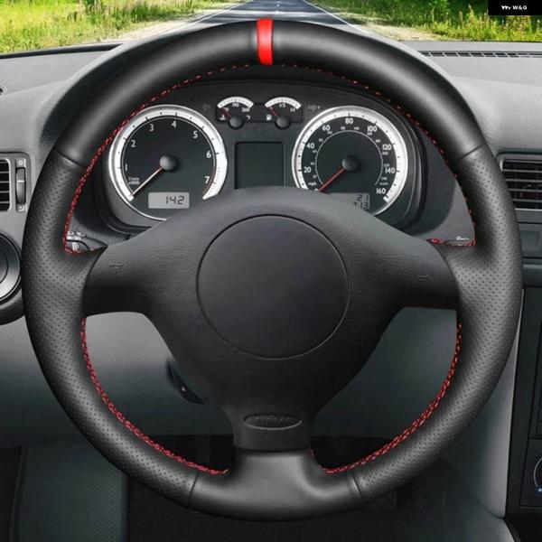 ブラック人工皮革製ステアリングホイールカバー シート レオン MK1 1M 1998-2005 シュコダ ファビア RS 2003 ファビア 1 6Y 2004-2005 カスタム パーツ アクセサリーHigh-concerned chem...