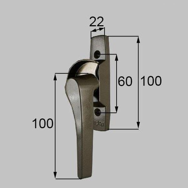 部品名 : サッシ錠（グレモン） 品種 : 台座寸法(100) 商品コード : PJ-274 (FNMB183)色 : ブロンズ 内容物 : 本体×1、 備考 : 寸法：取付ネジ穴ピッチ60ミリ、材質：金属製、刻印表示 PJ-274