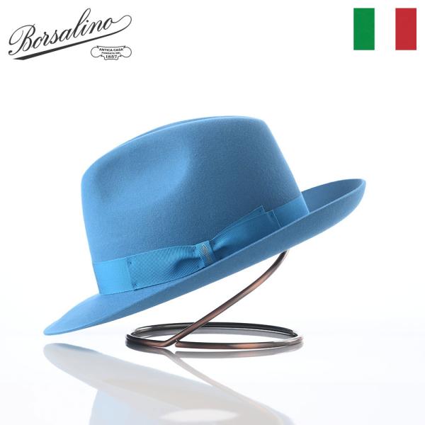 カラー：ブルーリボンの色：ブルーブランド：Borsalino（ボルサリーノ）／イタリア素材：毛（ラビット）100％つばの広さ：約5.5〜6.5cm重さ：約90gイタリア製 フェルトハットボルサリーノのブランド箱は付属いたしません。着用シーズ...