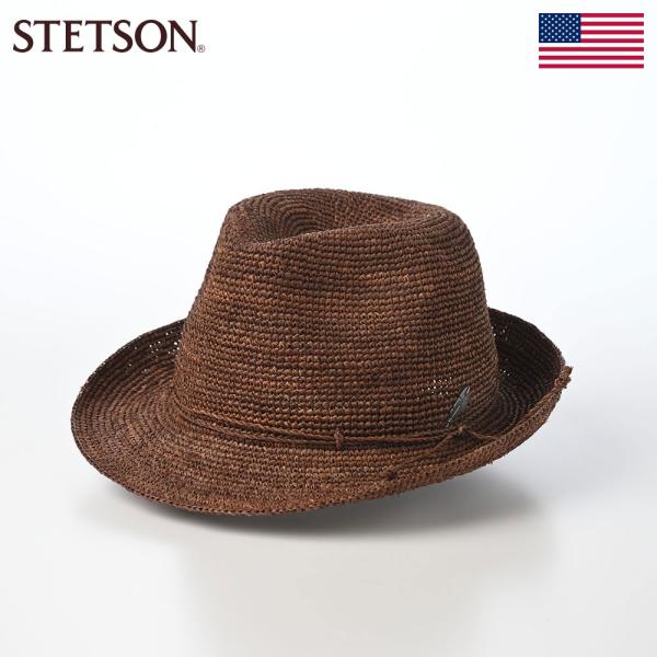 カラー：ブラウンブランド：STETSON（ステットソン）／アメリカ素材：天然草木（ラフィア）100％つばの広さ：約5.5〜6.5cm重さ：約140gスベリ絞りアジャスターあり※サイズを1〜1.5cm小さくできます中国製 ストローハット着用シ...