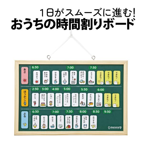 オモテ面は黒板風、ウラ面はホワイトボードのリバーシブル仕様。付属品には、類3コ、アナログ時計10コ、デジタル時刻12コ、項目24コ(無地4コ)のマグネット、金具、紐付。                         検索ワード：クツワ お...