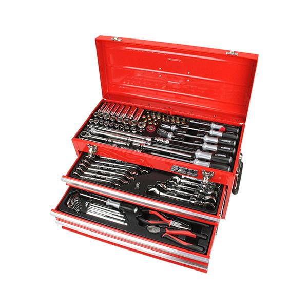 入組点数は充実の133点、厳選したこだわりのツールをセットしました。各種メンテナンス作業。収納力+剛性のあるツールチェストを採用しました。ケースカラーは、レッドです。