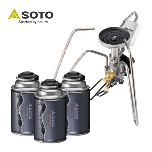 セット内容1）SOTO レギュレーターストーブ TriTrail ( トライトレイル ) ST-3502）SOTO カセットガス CB TOUGH125 ( シービー タフ ) ST-711　3本● SOTO レギュレーターストーブ Tri...