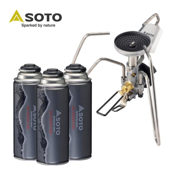 セット内容1）SOTO レギュレーターストーブ TriTrail ( トライトレイル ) ST-3502）SOTO カセットガス CB TOUGH220 ( シービー タフ ) ST-712　3本● SOTO レギュレーターストーブ Tri...