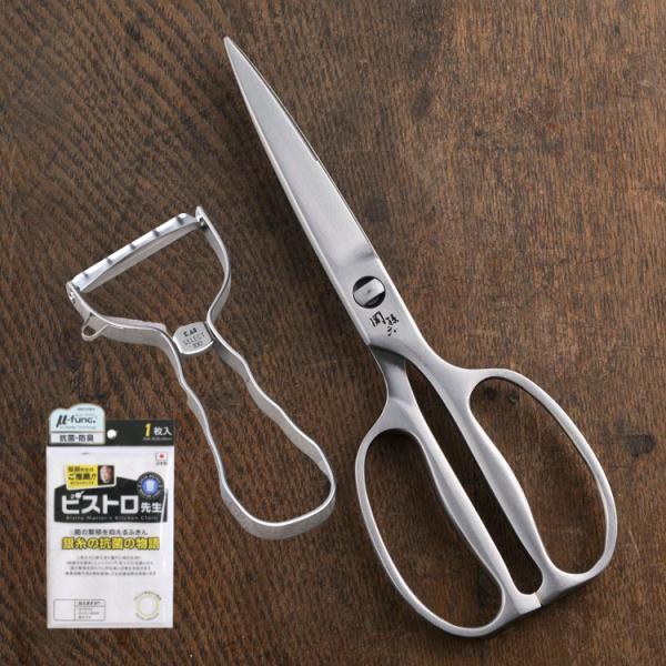 【セット内容】・貝印 関孫六 鍛造オールステンレス キッチン鋏 DH-3345・貝印 SELECT100 T型ピーラー DH-3000・銀糸入り綿ふきん堅牢で洗いやすい鍛造オールステンレス製のキッチン鋏。継ぎ目のない一体型で分解して洗えるか...