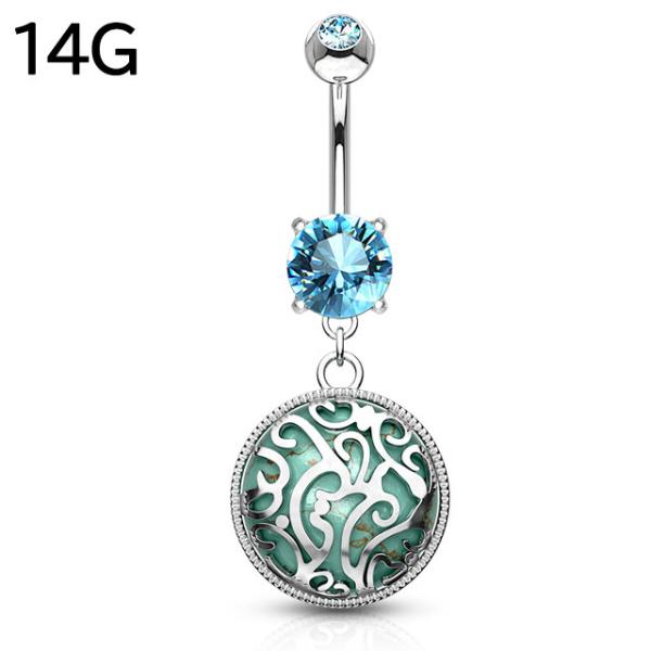 シルバーボディにライトブルーのジュエルが夏らしくで爽やか♪唐草模様のラウンドモチーフの中にターコイズ風ストーンを閉じ込めたへそピアス(バナナバーベル)です。涼しげなデザインはマリンコーデにもぴったり！程よい大きさでおへそや耳元を華やかに演出...