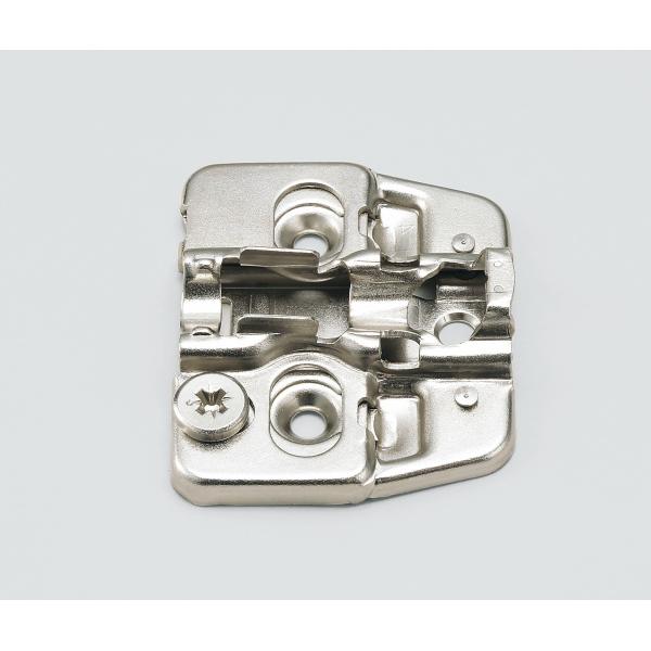 ワンタッチスライド丁番１５１シリーズの専用マウンティングプレート　150-P4W型【　仕様　】●材料：鋼、仕上げ：ニッケルメッキ●偏心カムによる上下調整機構付き（±2.0mm）●厚み：4mm（標準厚）●H寸法はインセット仕様治、扉厚+38m...