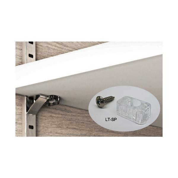棚受の前後に取付け、棚板の前後ズレを抑止し棚板の落下を防止する部品です。本体：PC　付属ビス：ステントラスタッピング3.5X14木製棚以外では使用しないでください棚板の厚みは15mm以上推奨