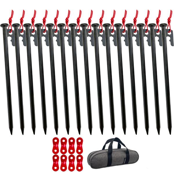 カラー：ブラックスタイル：30cm15本セット(夜光ロープ、自在金具と収納ケース付き)【ペグ材質】丸鋼 (抜群な強度と耐食性、サビにくい)　　【サイズ】長さ約30cm、直径約10mm　　【重さ】約185g/本　　【セット内容】ペグと収納ケー...