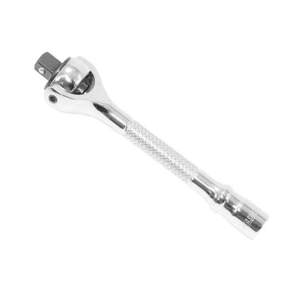 ■商品説明： 手のひらサイズのラチェットハンドルです。 ヘッド部は、約180°の範囲で自由に角度をつけることができ、 通常ではアクセスしづらい箇所の作業や、グリップの延長線上で使用することで、 ラチェットドライバーのように早回しをすることも...