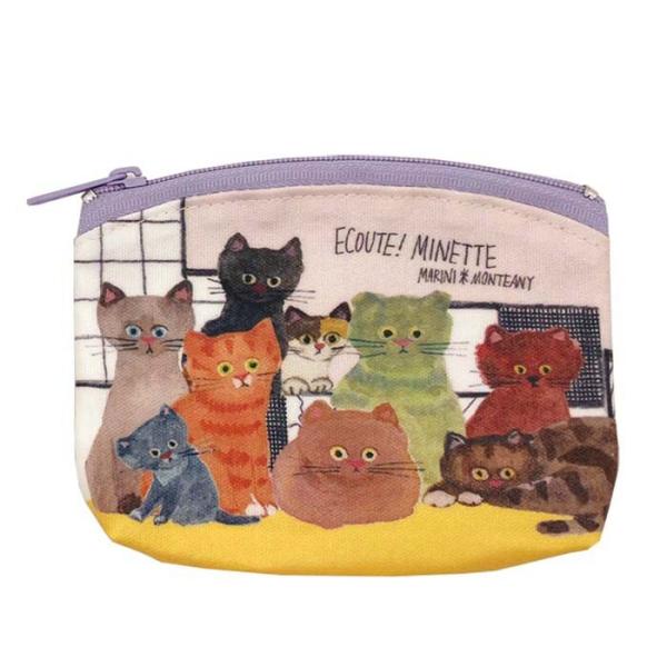サイズ：H8cmW12cmつまみマチ２cm小さいサイズの中にもニャンコがいっぱいの楽しいポーチです。リップなどの小さめメイク直しアイテムをまとめておくにも便利♪ミニバッグの中でもかさばらない使い勝手の良いポーチです！表と裏で異なるイラストが...