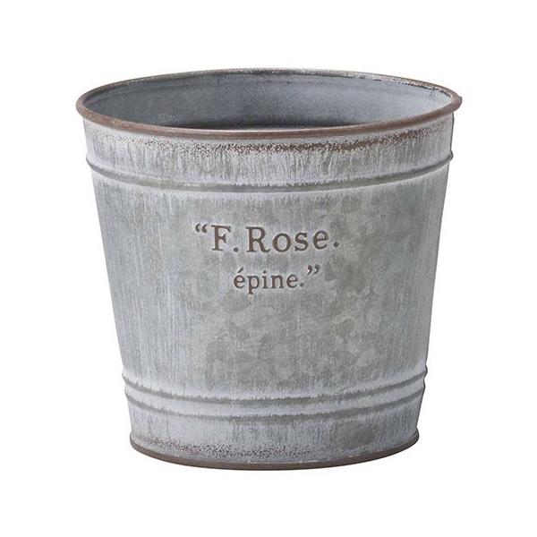 ジャンクテイストでオシャレなブリキポットです。ハーブや多肉植物を植えたり、ガーデンツールの収納にも使えます♪SIZE：直径12.2cm　高さ11.0cm　内径直径11.5cm素材：TIN※穴あり※プラスチックカップ付き※文字はエンボス加工