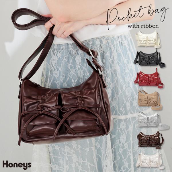 商品カテゴリ：2771219113 ショルダーバッグ バッグ 鞄 合皮 フェイクレザー ファスナー開閉 アウトポケット ダブルポケット リボン付き ガーリー オールシーズン 黒 カテゴリ501002 bag バック かばん 斜め掛け ななめ...