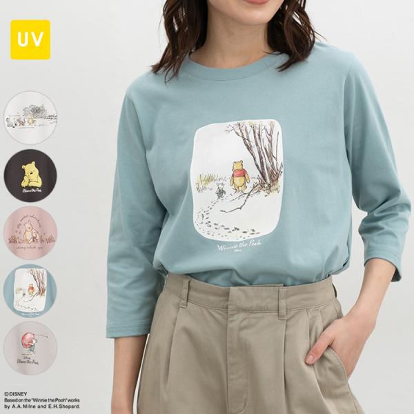 商品カテゴリ：5400110060 トップス カットソー UVカット Tシャツ ７分袖Tシャツ プーさん キャラクター 綿混 プリント クルーネック カジュアル オールシーズン 白 黒 カテゴリ101007 tops プルオーバー 7分袖 ...