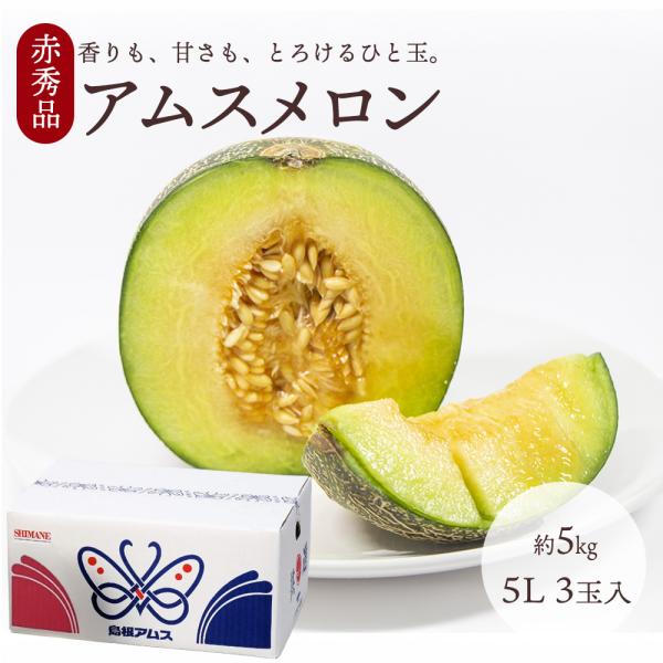 ■商品島根県産アールスメロン 赤秀品■容量1ケース約5kg（5Lサイズ（3玉））■発送時期こちらの商品は期間中順次発送■特徴みずみずしい果汁と上品な甘さが魅力の国産アムスメロンを“箱単位”でお得にお届けします。ムスメロンは、甘さ・香り・果肉...