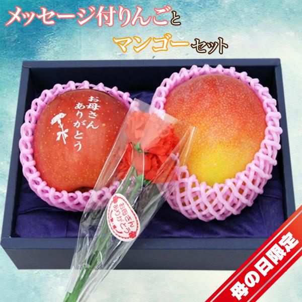 【商品】メッセージ付りんごと完熟マンゴー　母の日 カーネーション付【容量】メッセージ入りりんご1玉（250g）　完熟マンゴー(350g)　シルクフラワーカーネーション　箱のデザインは変わる場合があります【発送時期】こちらの商品は、規定期間内...