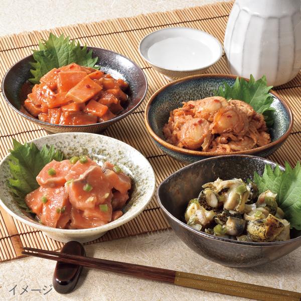 根室産灯台つぶ、北海道噴火湾のベビーホタテ、脂の乗ったトラウトサーモンを使用したお酒に良く合う海鮮おつまみセットです。お酒のつまみとしてはもちろん、そのままご飯のおかずや納豆ご飯に混ぜて海鮮納豆ご飯としても美味しくお召し上がりいただけます。