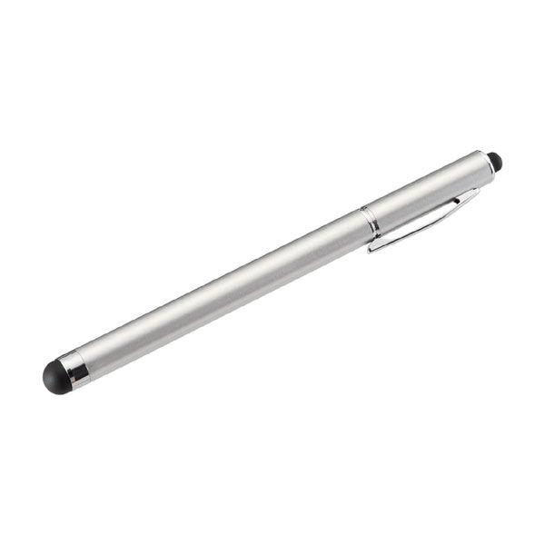 スマートフォン・タブレット・電子書籍・スレートPCなどに対応したタッチペン。シルバー。ペン先大小使い分け可能。