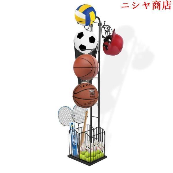 ??【多機能収納ラック】サイズ：30 x 25 x 150CM。このスポーツ用品収納には、4つのボールリング、大きなバスケット、2つのフックが付属しています。家族全員のスポーツ用品。野球、手袋、バスケットボール、ジャケットなどのスポーツ用品...