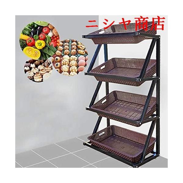 野菜やフルーツ、パンなどの販売に最適なディスプレイラックです。4個のかご付きで、たっぷり陳列していただけます。上3段はお客様が選びやすいよう斜めの設計で、陳列もらくらく。耐荷重も十分で、直売所やイベントでの販売など幅広い用途にお使いいただけます。