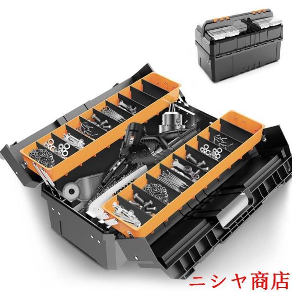 【商品仕様】両開きの工具箱。50*25*25cm、2段、大容量。耐荷重150kg。【2段折り畳み式&amp;amp;amp;amp;収納力抜群】 伝統的な収納箱が雑然としていて、道具を探したいですが、時間がかかります。多層収納で省スペース設...