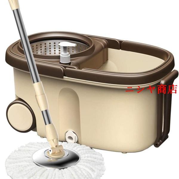 【従来品より改良】脱水用絞り器はステンレス製で、従来品と比べて固くで耐久性がアップ。【押すだけでモップが回転！】上下押すだけでモップが回転し、楽に洗浄＆脱水ができます！水切り?洗浄二槽式、洗浄も脱水も面倒な手順は一切なし！手を汚すことなく楽...