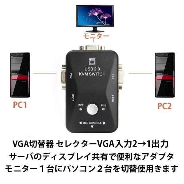 商品説明：「USBマウス・USBキーボード・モニターを2台のPCで共用できるVGA切替器」ノートパソコンでもデスクトップパソコンでも、２台のパソコンで1セットのマウス・キーボード・プリンタなど色々なUSB機器と、ディスプレイを共有できるUS...